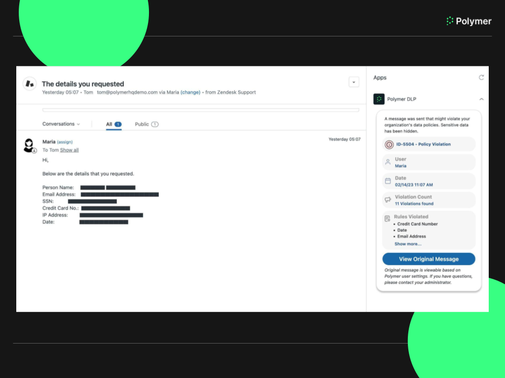 Polymer DLP for Zendesk App Integration with Zendesk Support